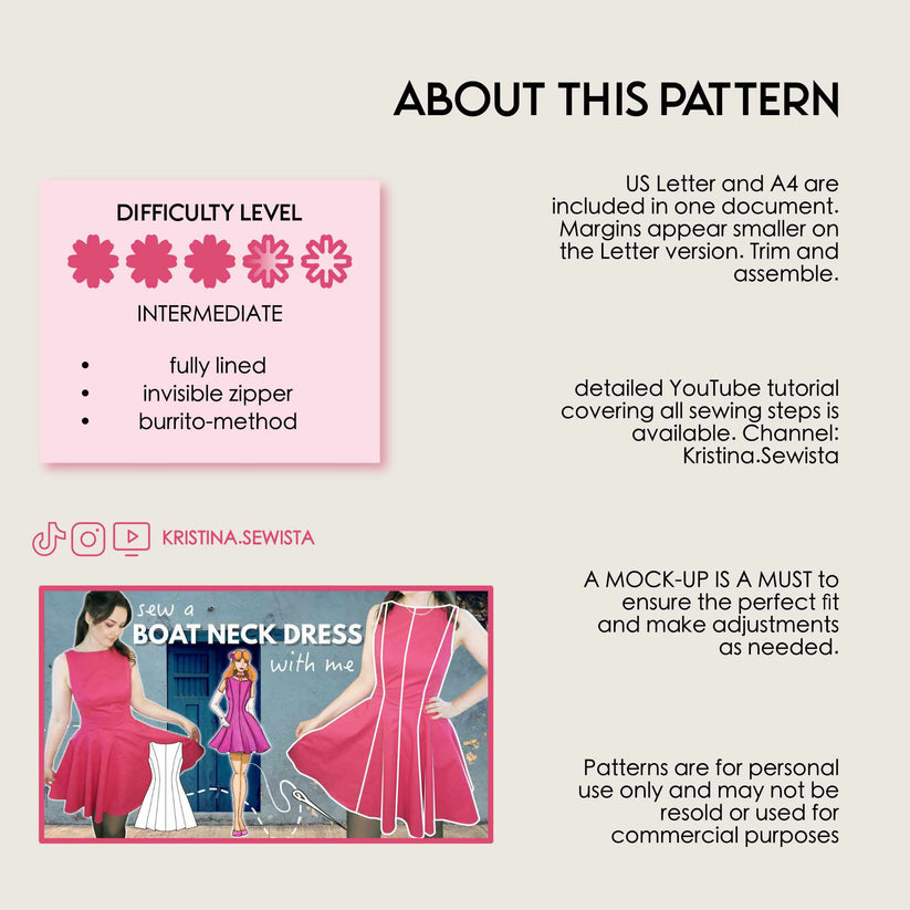 Boat Neck Dress HELOISE Sewing Pattern PDF| Kristina Sewista